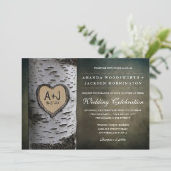 Carved Initials Birch Tree Wedding Invitations | Zazzle