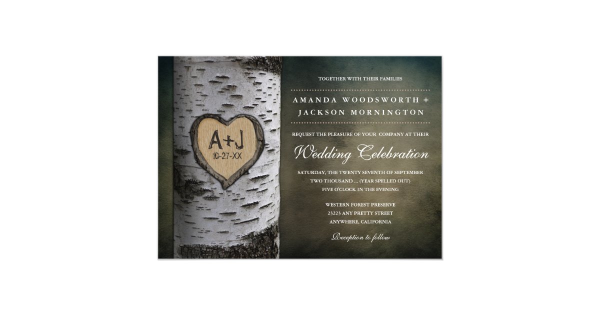 Carved Initials Birch Tree Wedding Invitations | Zazzle.com