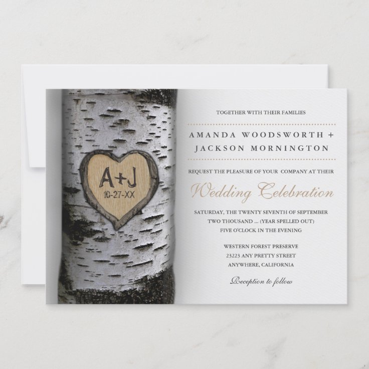Carved Initials Birch Tree Wedding Invitations | Zazzle