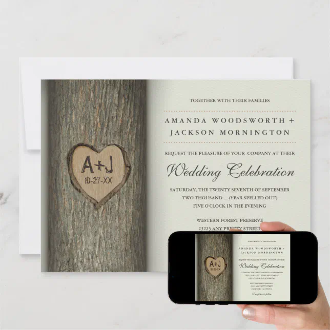 Carved Initials Heart Oak Tree Wedding Invitations | Zazzle