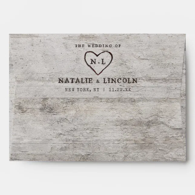 Carved Sweethearts Rustic Birch Monogram Wedding Envelope | Zazzle