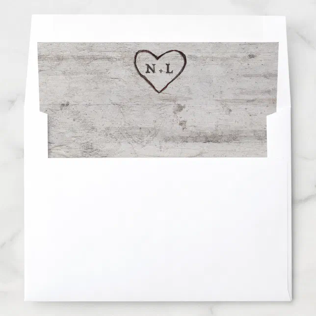 Carved Sweethearts Rustic Birch Monogram Wedding Envelope Liner | Zazzle
