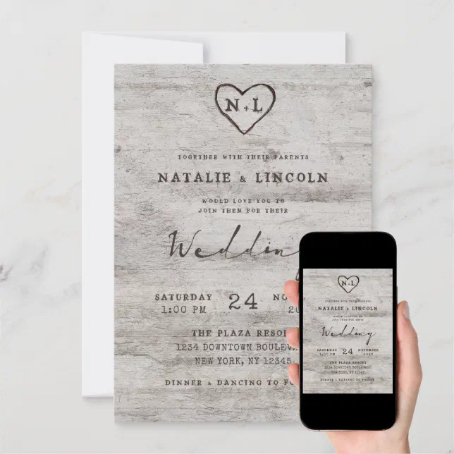 Carved Sweethearts Rustic Birch Monogram Wedding Invitation | Zazzle