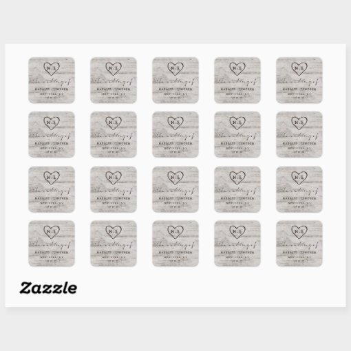 Carved Sweethearts Rustic Birch Monogram Wedding Square Sticker | Zazzle