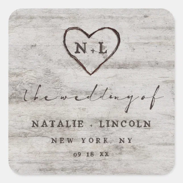 Carved Sweethearts Rustic Birch Monogram Wedding Square Sticker | Zazzle