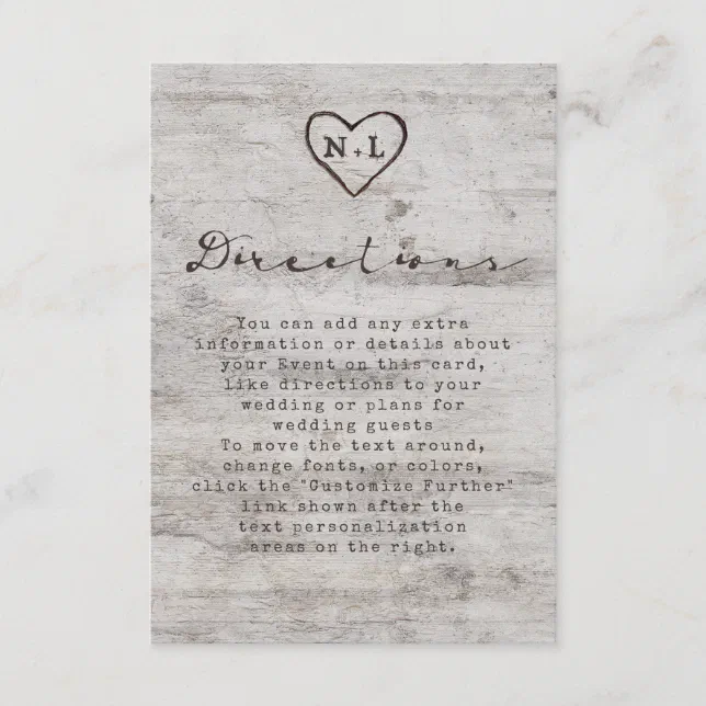 Carved Sweethearts Rustic Birch Wedding Directions Enclosure Card | Zazzle