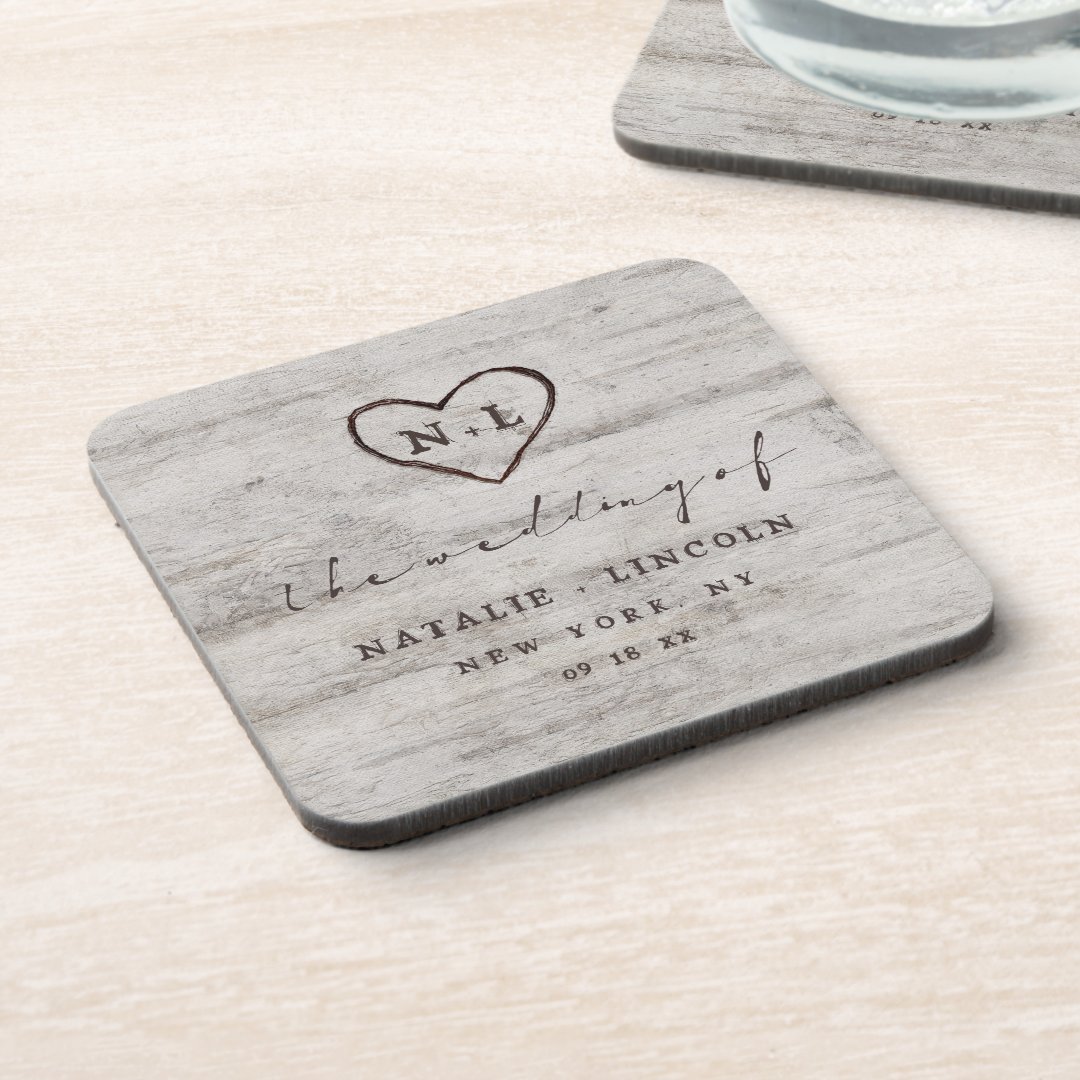 Carved Sweethearts Rustic Birch Wedding Monogram Beverage Coaster | Zazzle