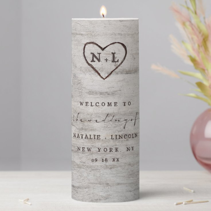 Carved Sweethearts Rustic Birch Wedding Monogram Pillar Candle | Zazzle