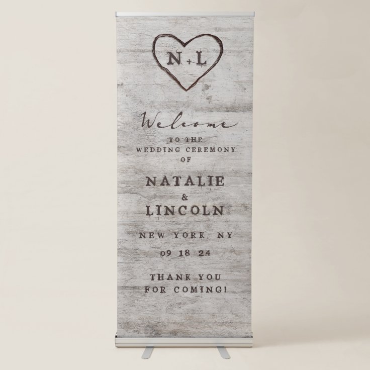 Carved Sweethearts Rustic Birch Wedding Welcome Retractable Banner | Zazzle