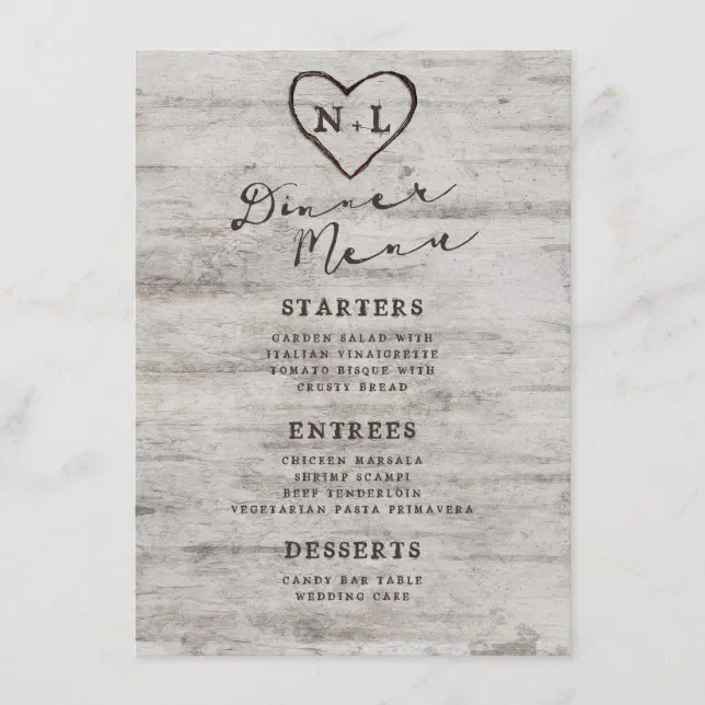 Carved Sweethearts Rustic Birch Wood Tree Dinner Menu | Zazzle