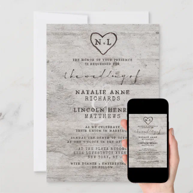 Carved Sweethearts Rustic Birch Wood Tree Wedding Invitation | Zazzle