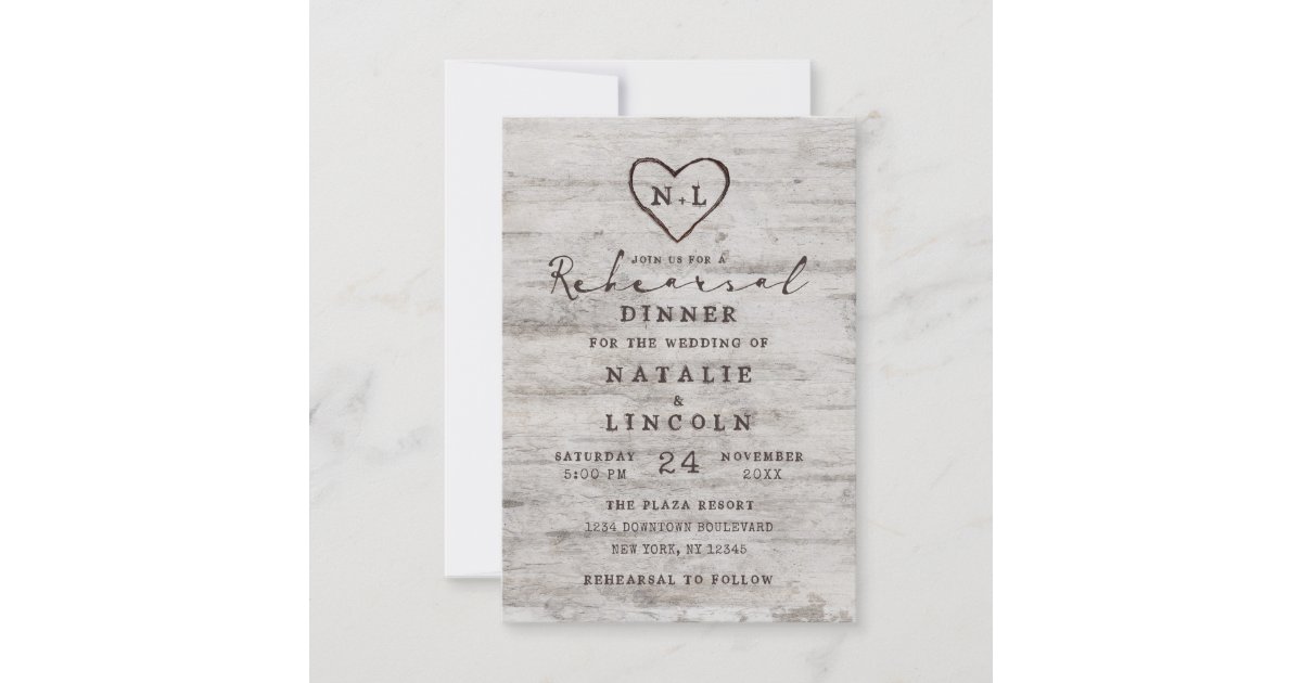 Carved Sweethearts Rustic Wedding Rehearsal Dinner Invitation | Zazzle