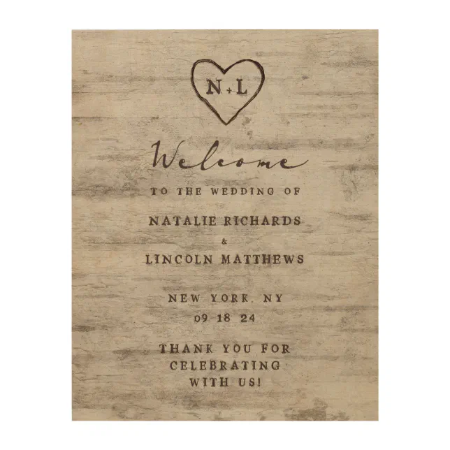 Carved Sweethearts Rustic Wedding Welcome Sign | Zazzle