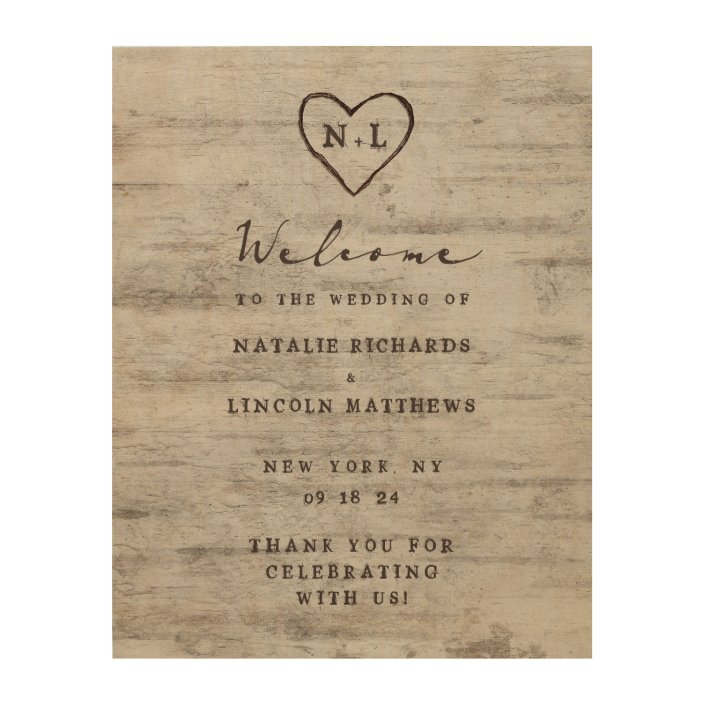 Carved Sweethearts Rustic Wedding Welcome Sign | Zazzle.com