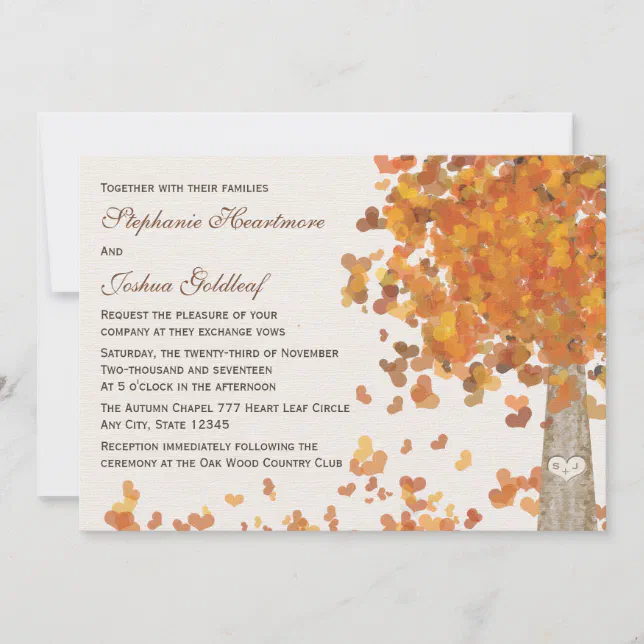 Carved Tree Initials Fall Wedding Invitations | Zazzle