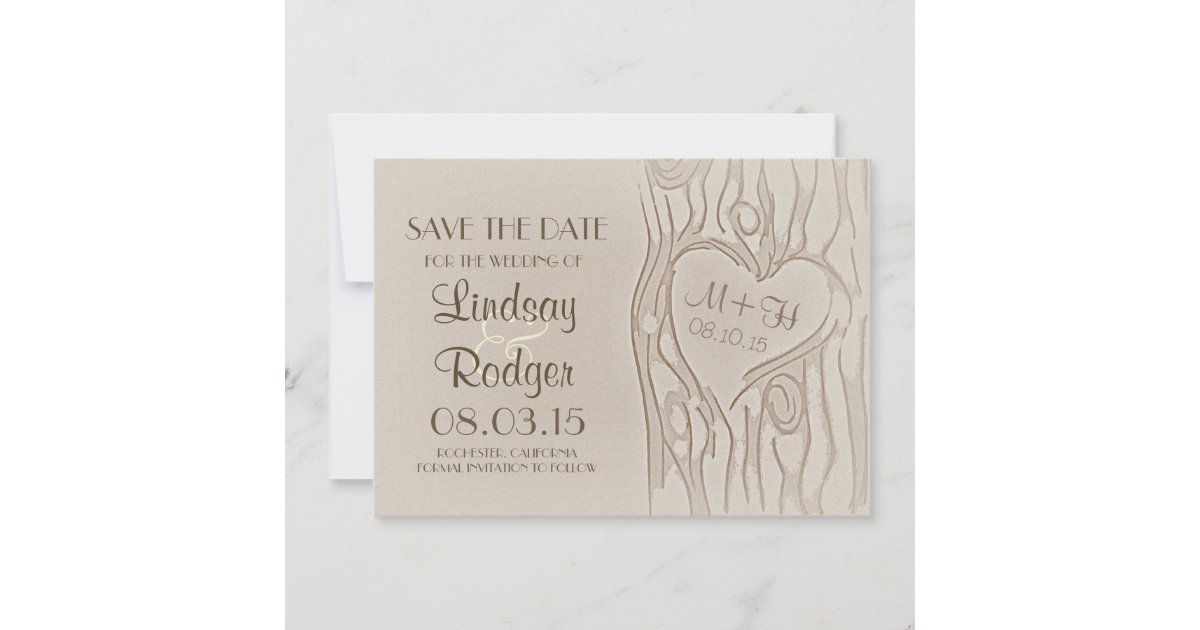 carved tree rustic save the date cards | Zazzle
