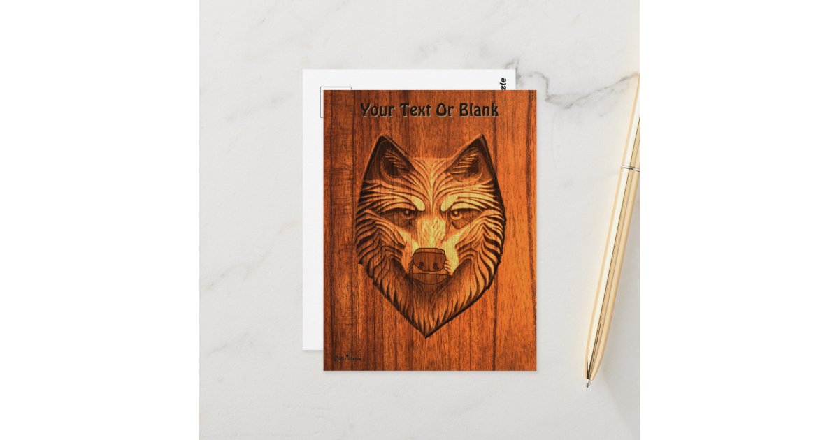 Carved Wood Wolf Postcard | Zazzle