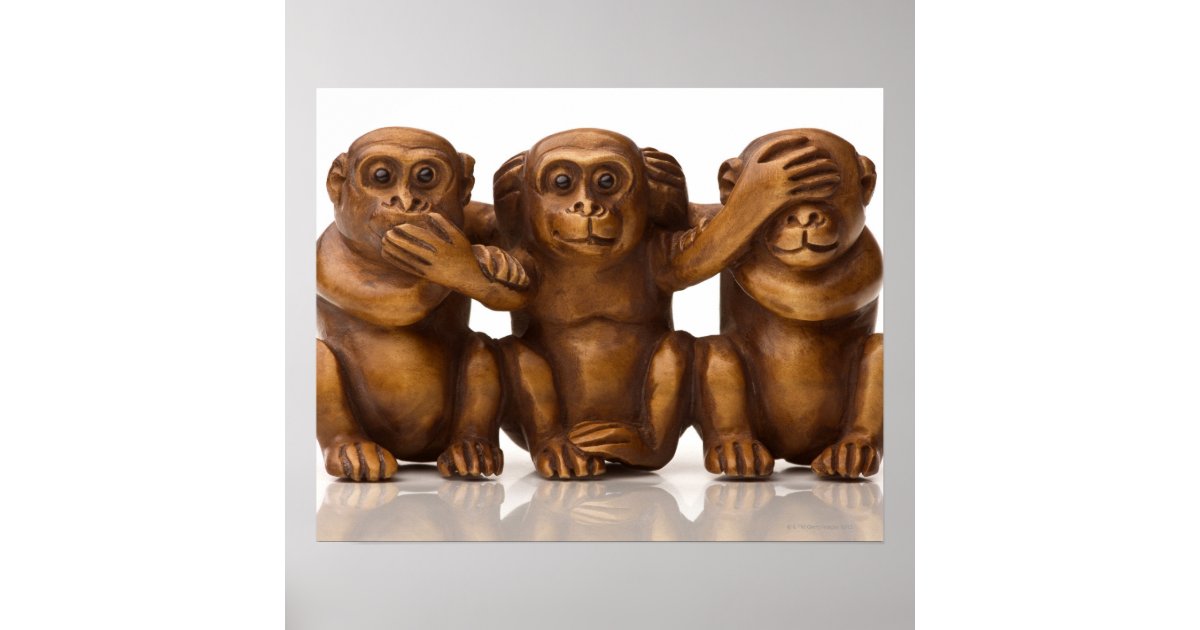 Carving of three wooden monkeys poster | Zazzle