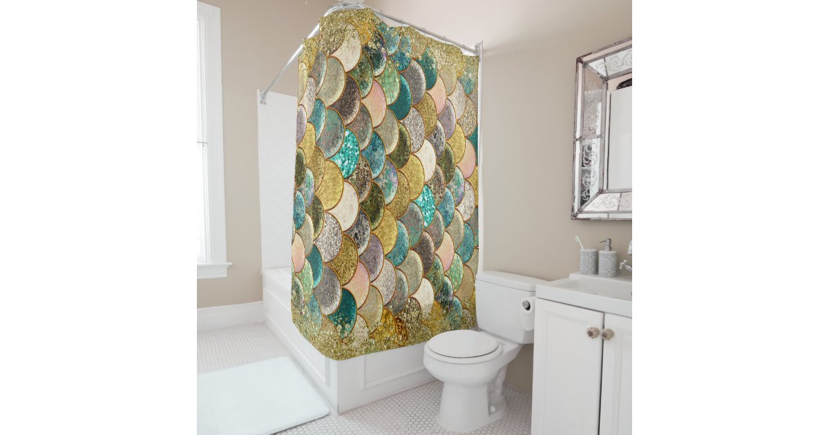 Cascading Gold Glitter Teal Aqua Glam Trendy Girls Shower Curtain | Zazzle