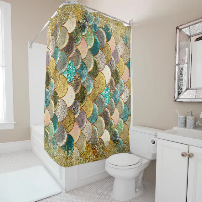 Cascading Gold Glitter Teal Aqua Glam Trendy Girls Shower Curtain | Zazzle