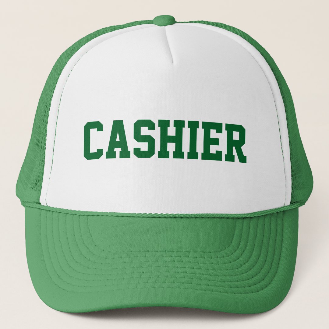 CASHIER Hat with Green Text | Zazzle