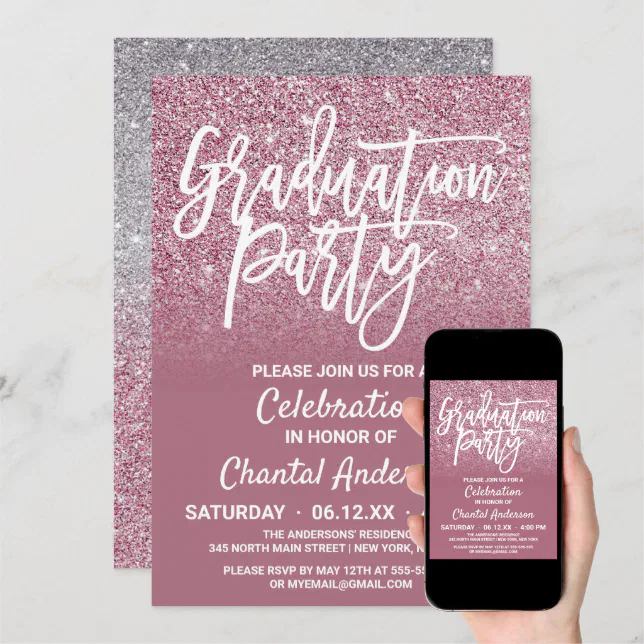 Cassis Pink Silver Faux Glitter Ombre Graduation Invitation | Zazzle