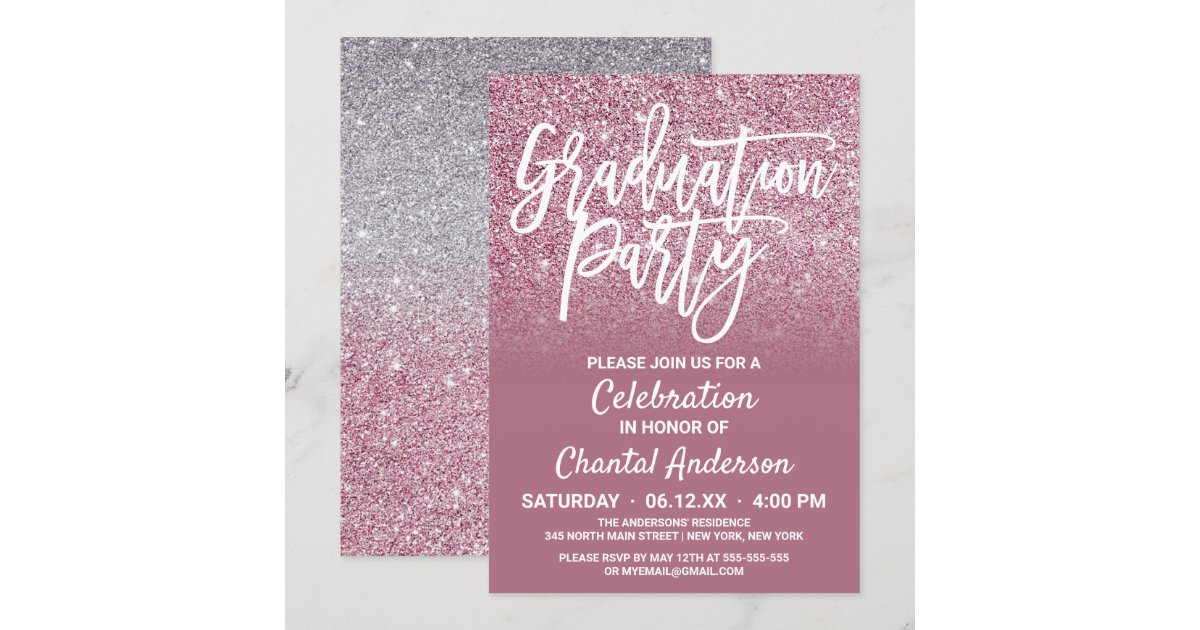 Cassis Pink Silver Faux Glitter Ombre Graduation Invitation | Zazzle