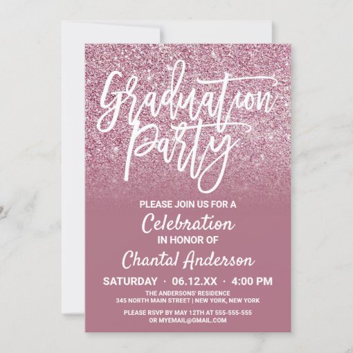 Cassis Pink Silver Faux Glitter Ombre Graduation Invitation | Zazzle