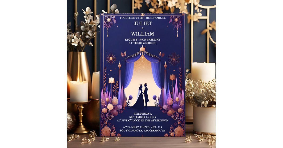 Castle Luxury Fuchsia Crown Royal Blue Wedding Invitation | Zazzle