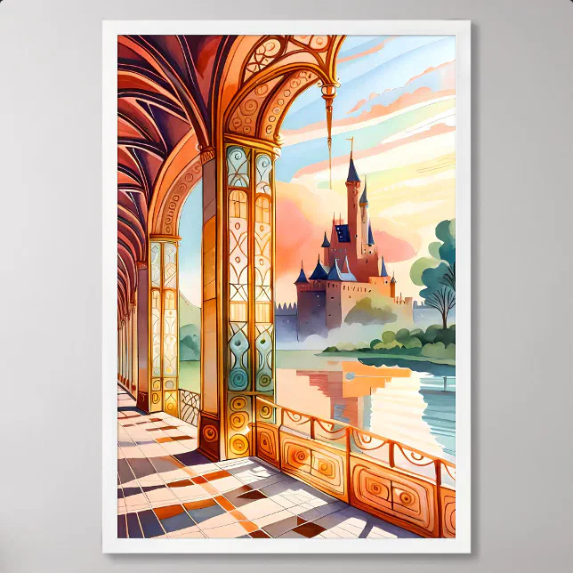 castle painting view from gold textured corridor poster | Zazzle