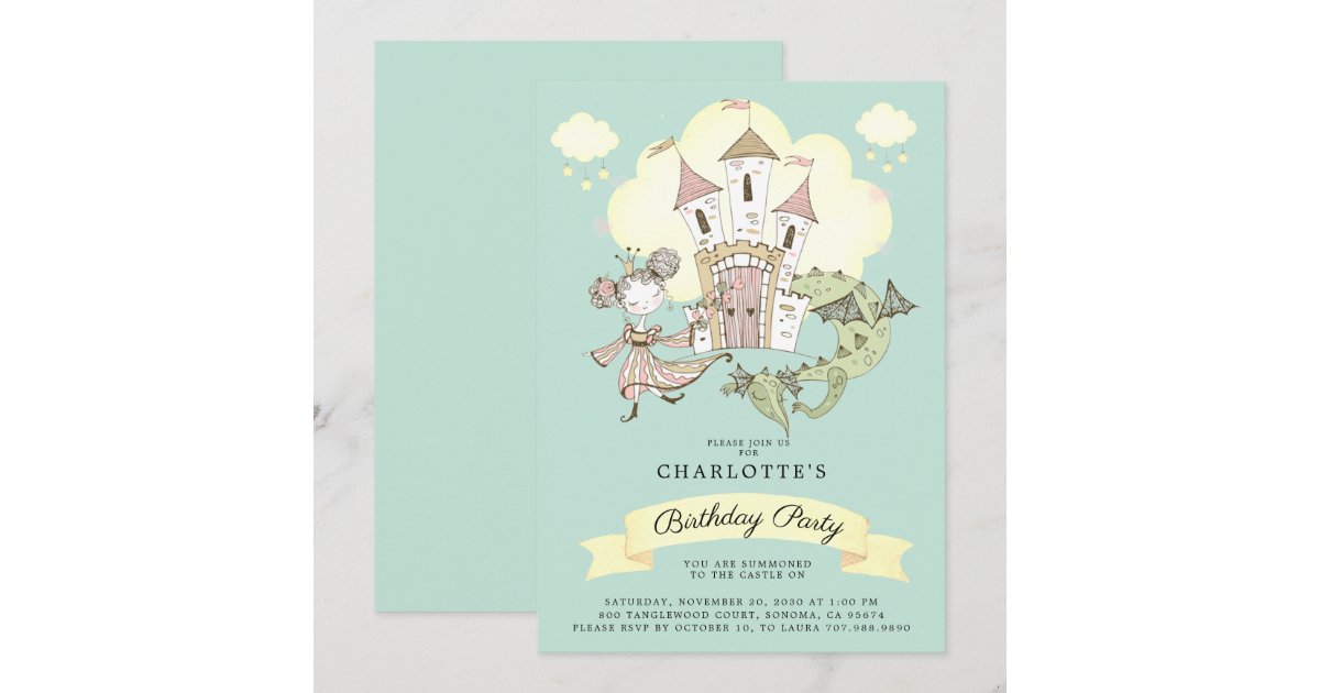 Castle Princess Dragon Girl's Blue Birthday Invitation | Zazzle