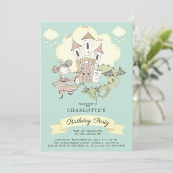 Castle Princess Dragon Girl's Blue Birthday Invitation | Zazzle