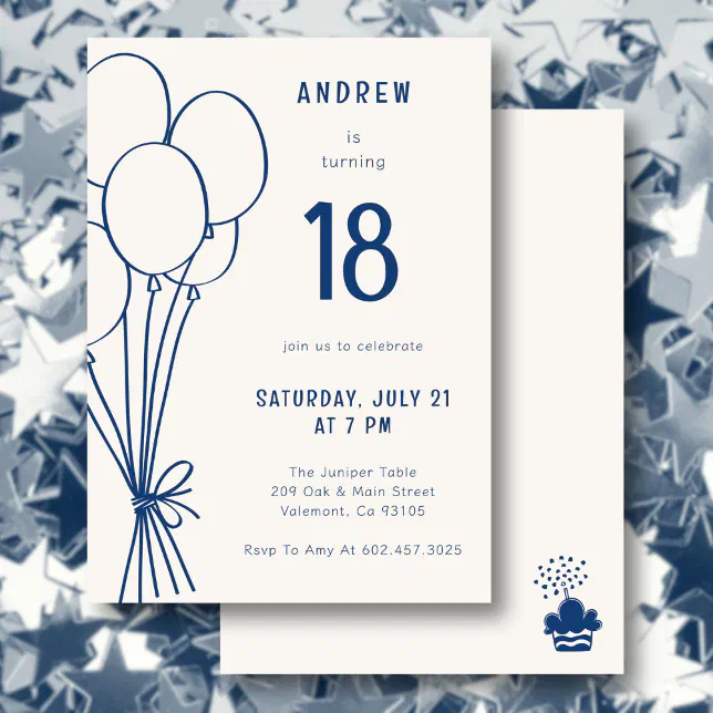 Casual Boys Mens Birthday Balloon Any Age Blue Invitation | Zazzle