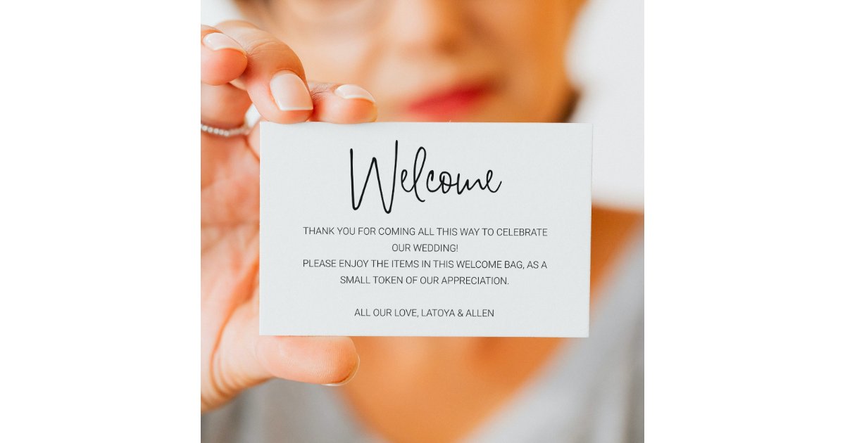 Casual Handwriting Wedding Welcome Gift Bag Basket Place Card | Zazzle