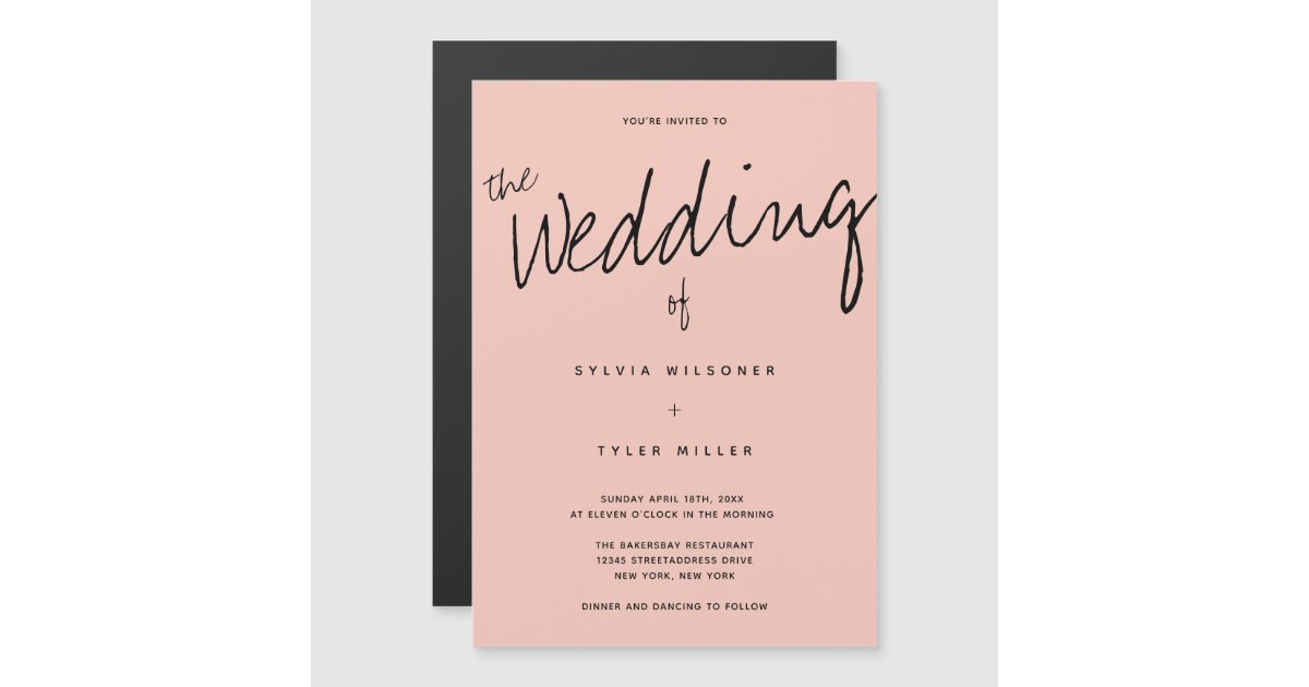 Casual Modern Pink Black Typography Wedding Magnetic Invitation | Zazzle