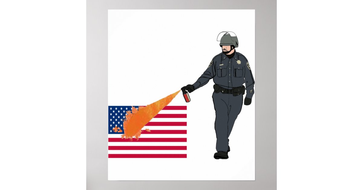 Casual Pepper Spray Cop with Flag in Color Poster | Zazzle