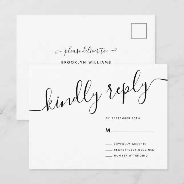 Casual Script Kindly Reply Wedding RSVP Postcard | Zazzle