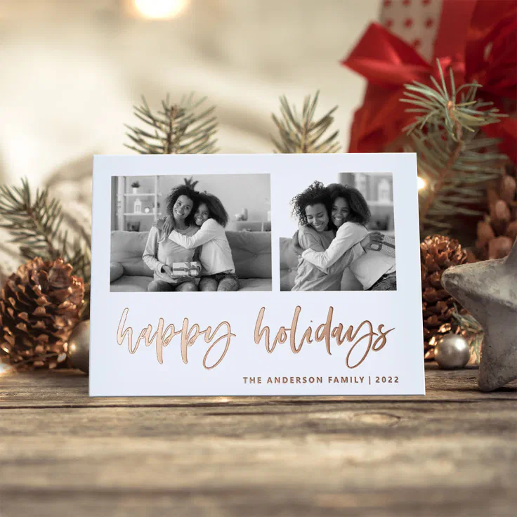 Casual Script Two Photo Grid | Happy Holidays Foil Holiday Card | Zazzle