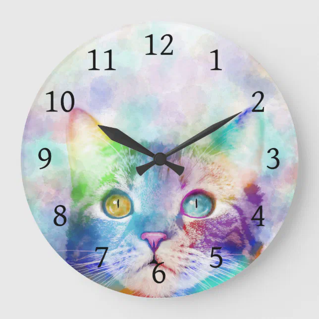 cat 663 multicolor cat large clock | Zazzle