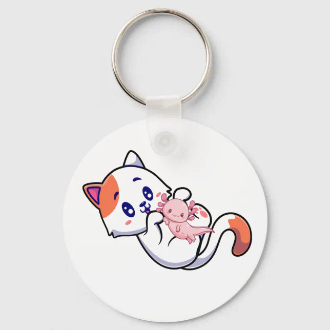 Cat and Axolotl Kawaii Neko Anime Button Keychain | Zazzle