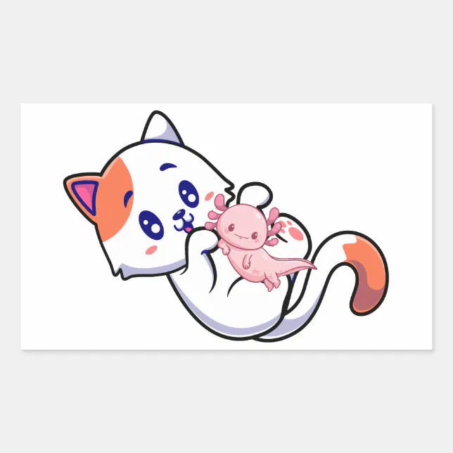 Cat and Axolotl Kawaii Neko Anime Rectangular Sticker | Zazzle