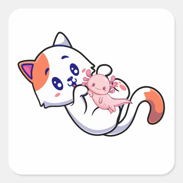 Cat and Axolotl Kawaii Neko Anime Square Sticker | Zazzle