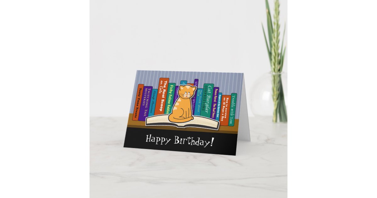 Cat and Books Birthday Card | Zazzle