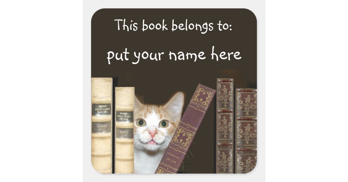 Cat and books name square sticker | Zazzle