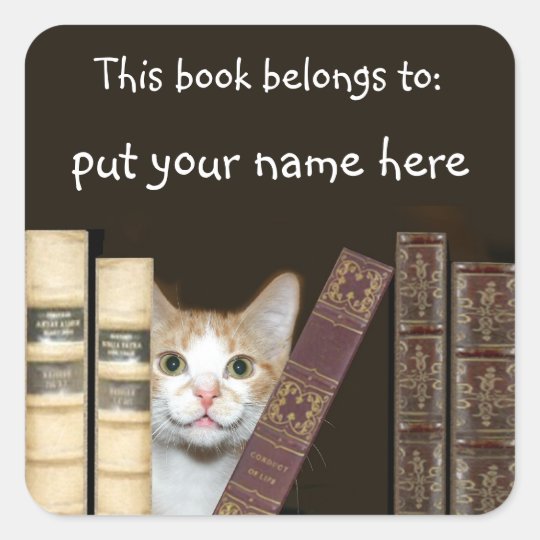 Cat and books name square sticker | Zazzle.com
