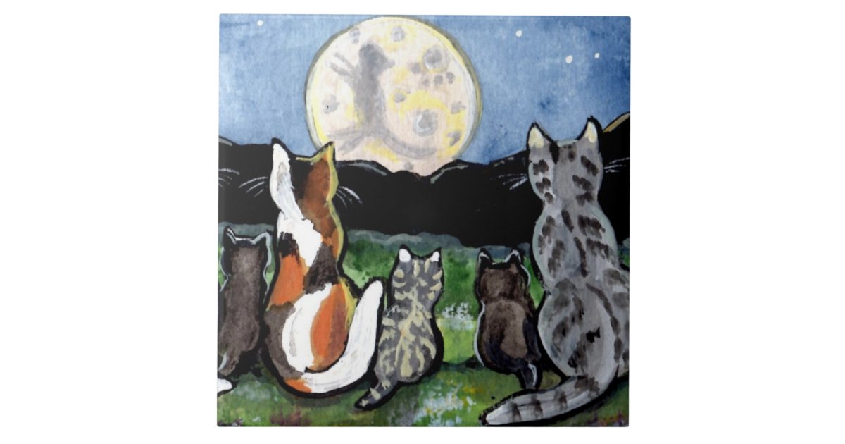 Cat and Kittens Watching Moon 6" Tile Trivet | Zazzle