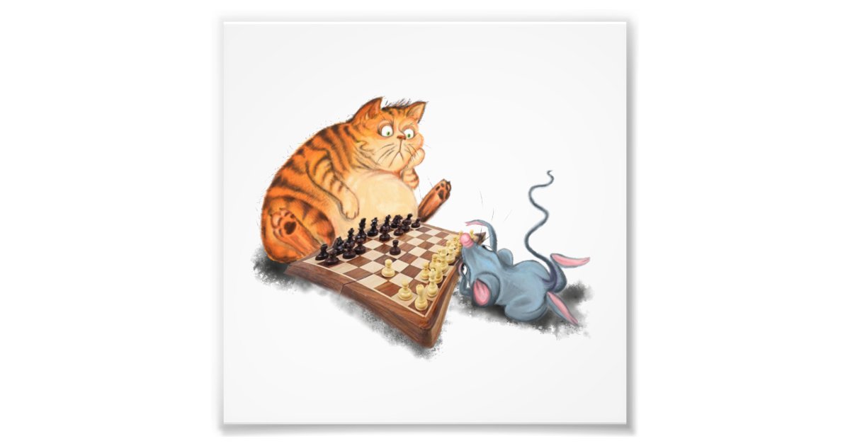 Cat and Mouse Playing Chess Cartoon Drawing Funny Photo Print | Zazzle