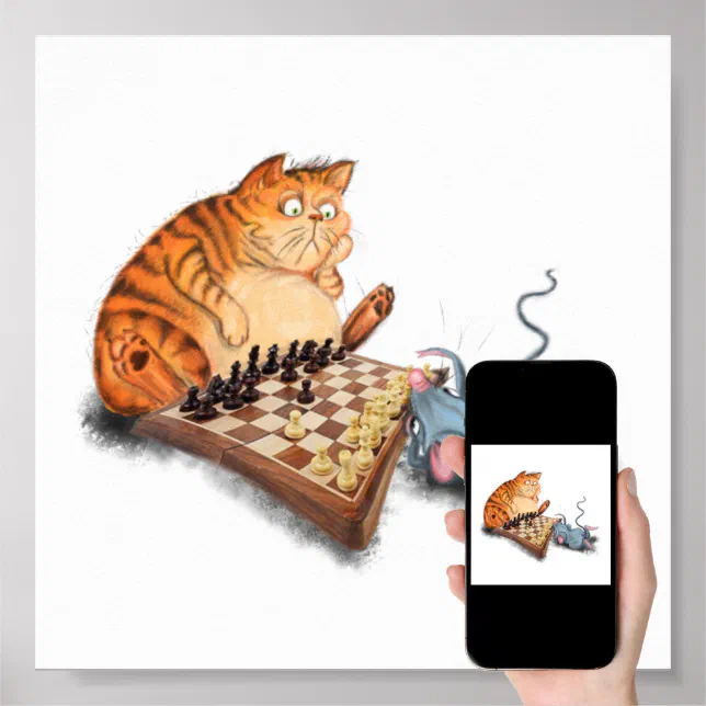 Cat and Mouse Playing Chess Cartoon Drawing Funny Poster | Zazzle