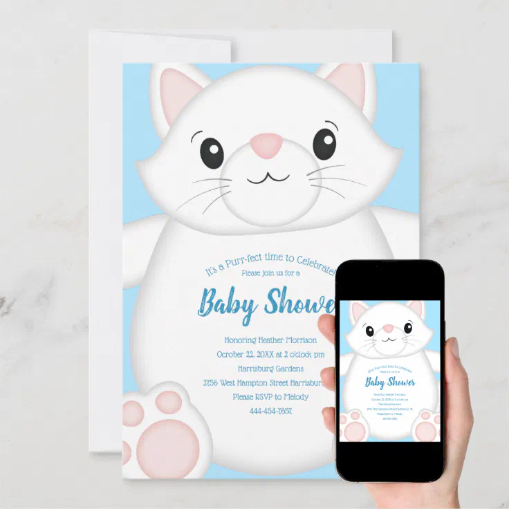 Cat Baby Shower Kitty Blue Invitation | Zazzle