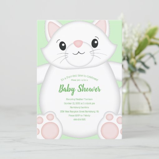 Cat Baby Shower Kitty Green Invitation | Zazzle